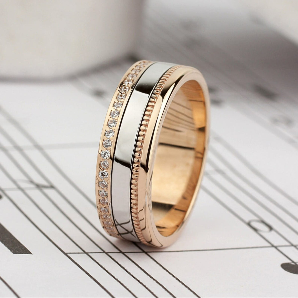 Women's Two-Tone Wedding Band with Lab Diamonds 14kt Solid Gold Weddin ...