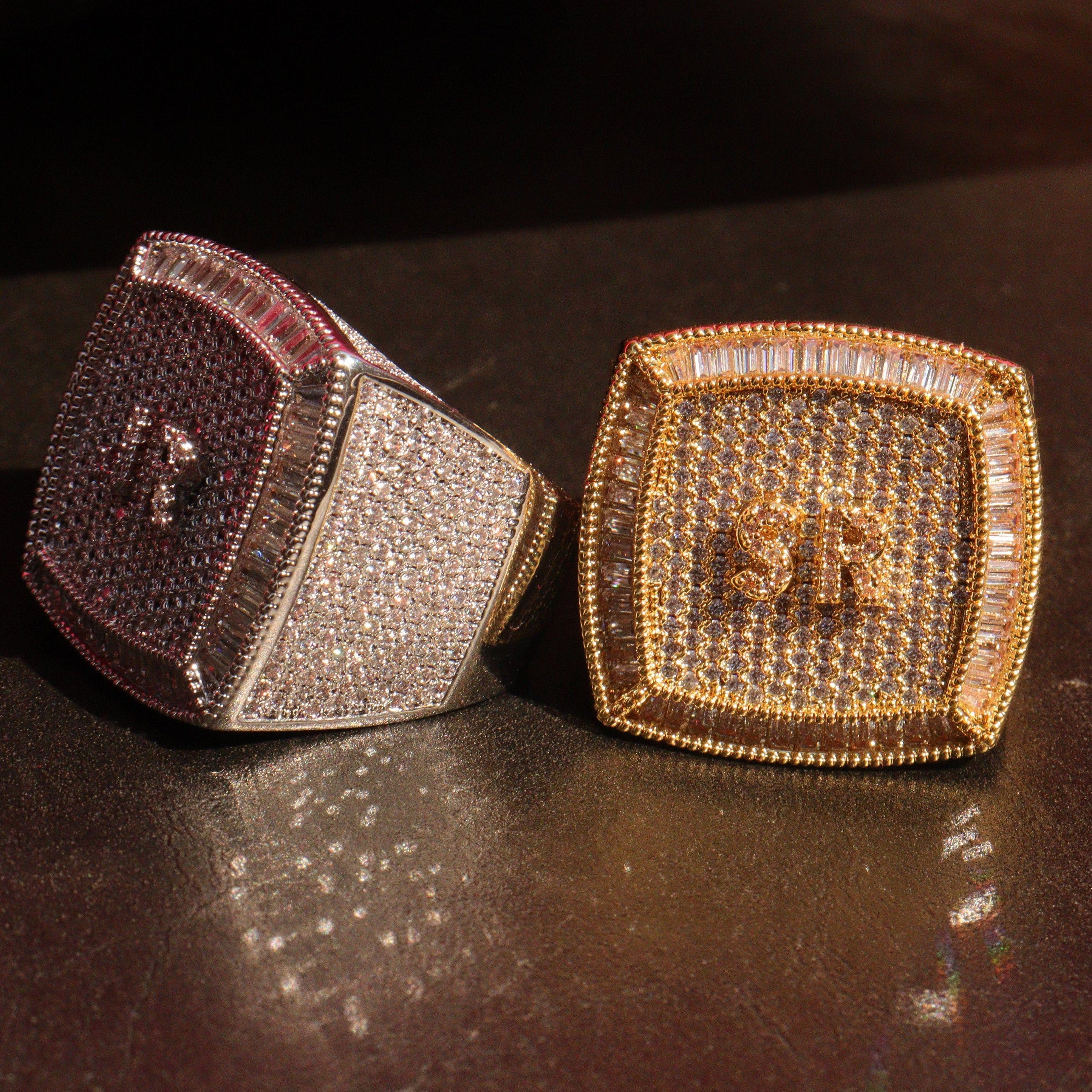 Iced Out Personalized VVS Clarity Men's Moissanite Initial Statement r ...